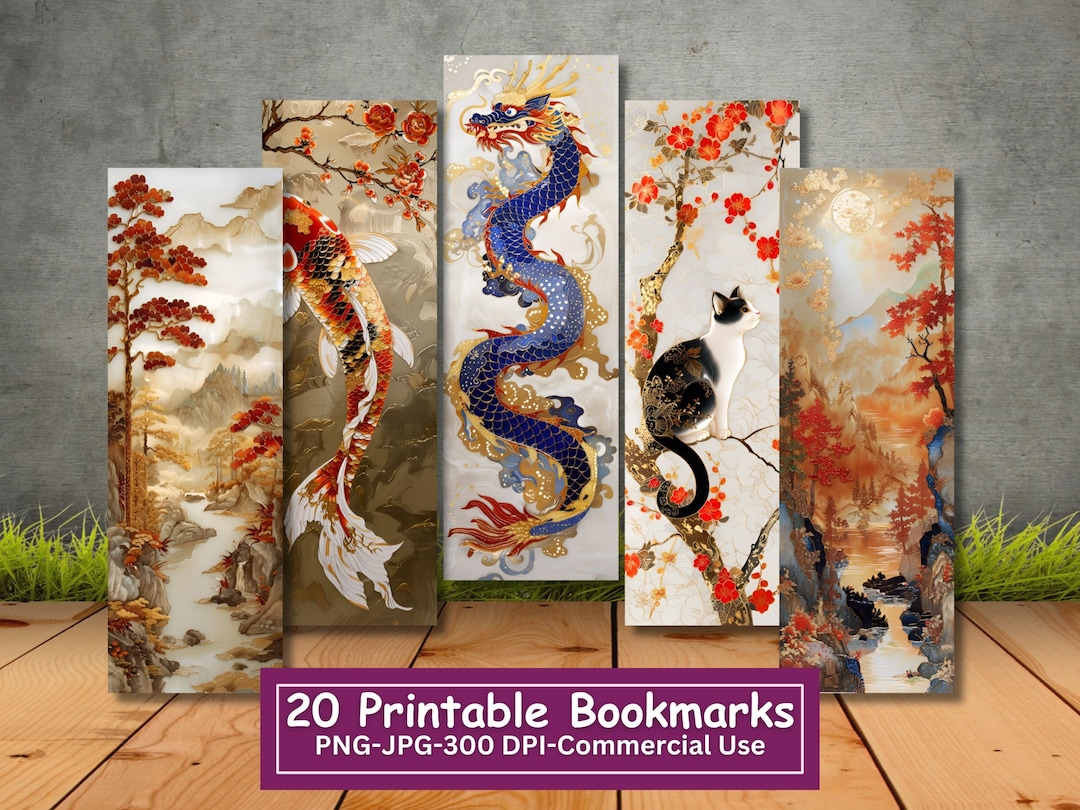 Asian Silk Painting Style Printable Bookmarks Bundle, Set of 20 PNG/JPG ...
