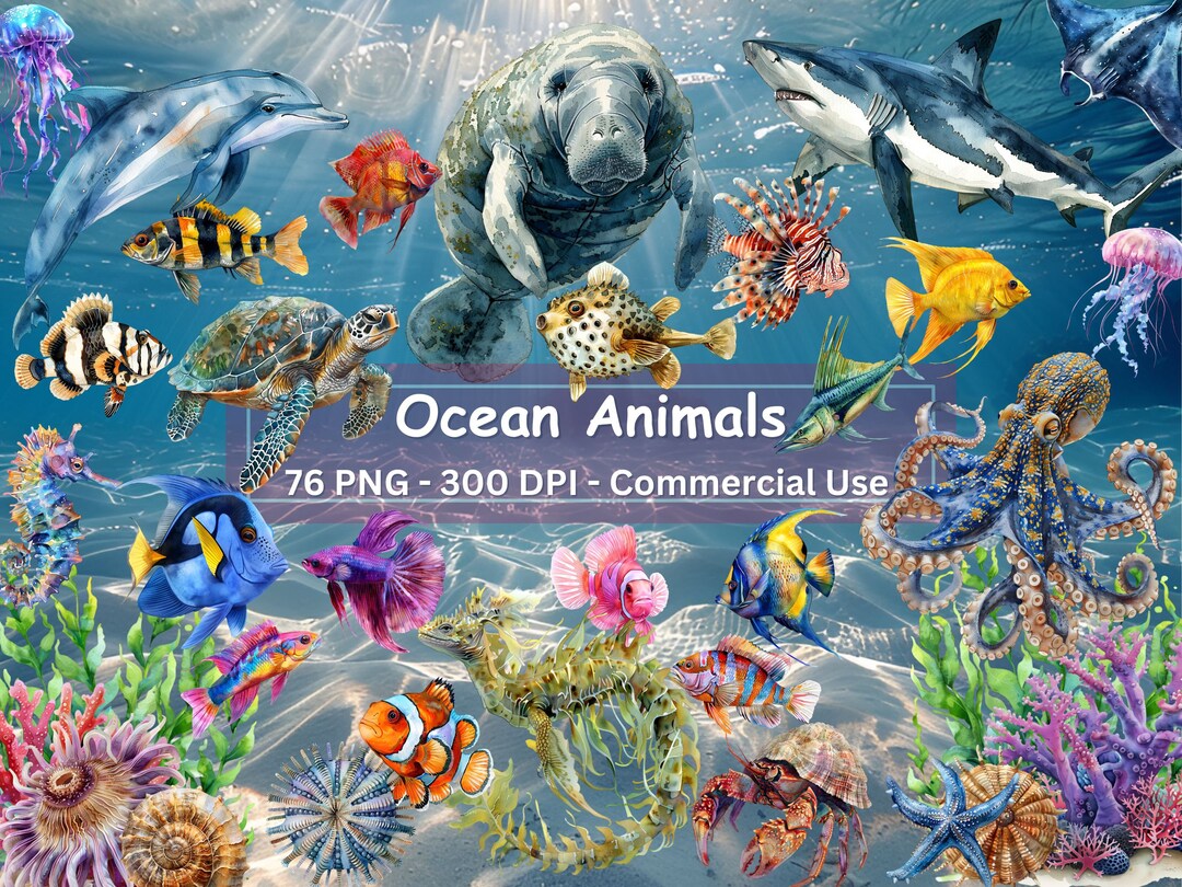 Ocean Animals Clipart, Set of 76 Pngs, Under the Sea, Manatee, Fish ...