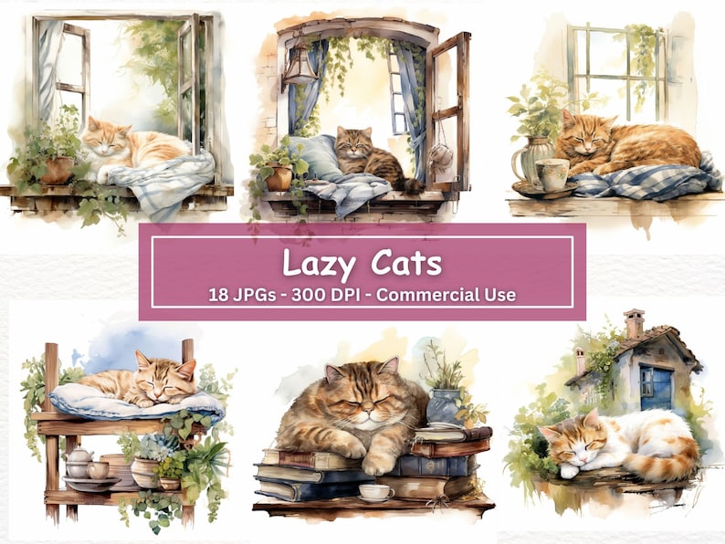 Watercolor Lazy Cat Clipart, 18 High Quality Jpgs, Sleeping Cat in ...