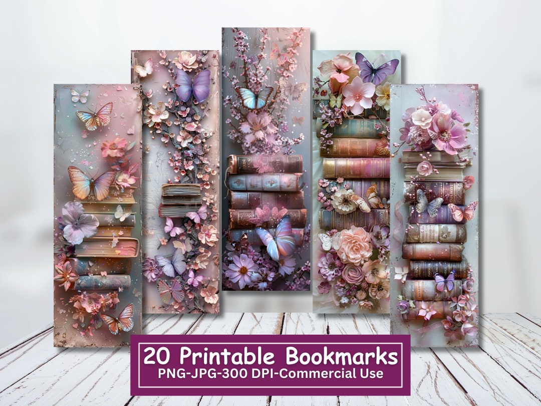 Fairytale Floral Butterfly Book Stack Printable Bookmarks, Set of 20 ...