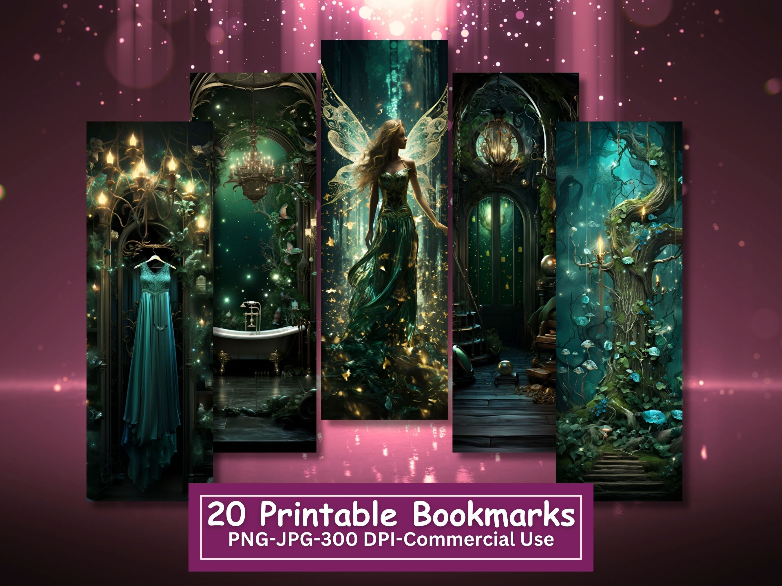Fantasy Emerald Fairy Printable Bookmarks Bundle, Set of 20 PNG/JPG ...