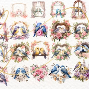 Watercolor Pastel Love Birds Clipart Bundle, 40 PNG Set, Nursery Art ...