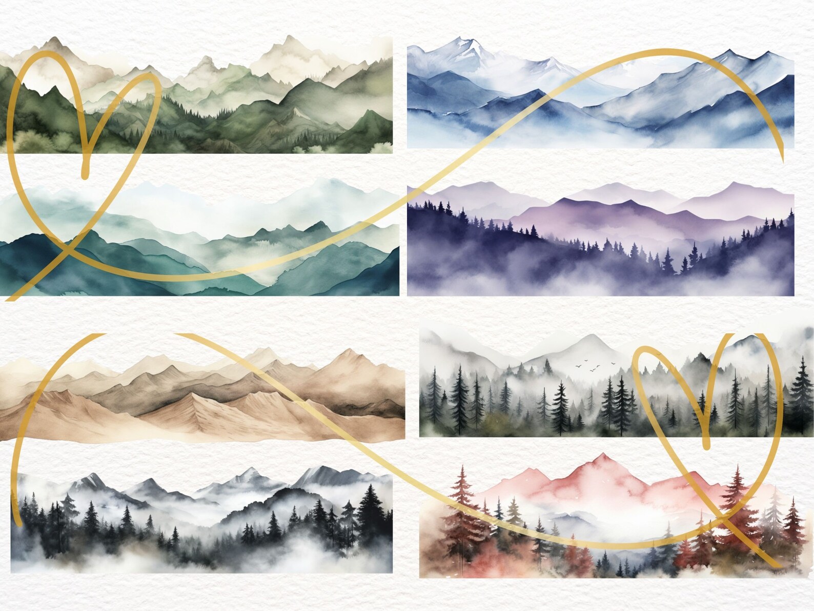 Watercolor Mountain Clipart Borders and Backgrounds Bundle, Set of 50 ...
