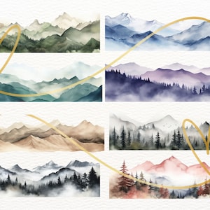 Watercolor Mountain Clipart Borders and Backgrounds Bundle, Set of 50 ...