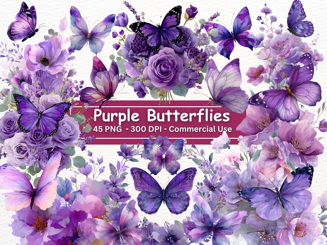 Purple Butterfly Flower Clipart Set: 45 PNG Set, Floral Watercolor Art ...