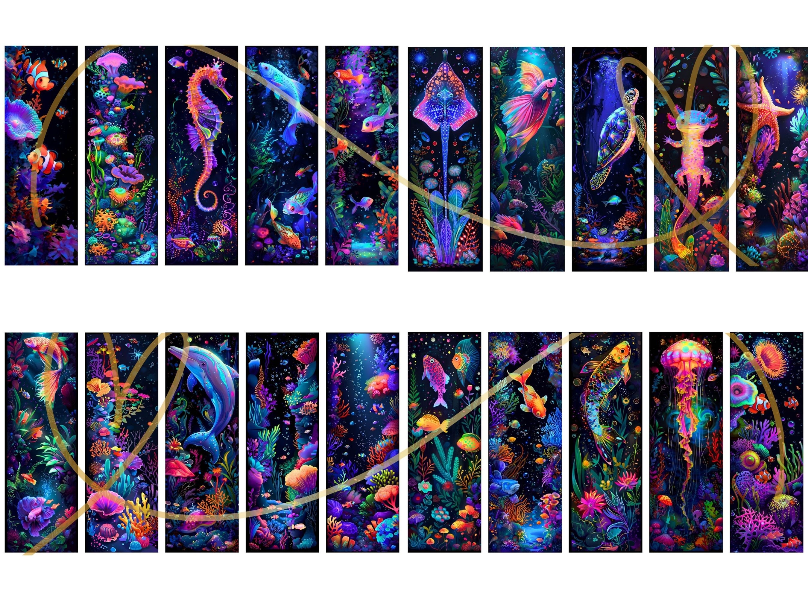 Neon Sea Creatures Bookmark Bundle: Fantasy Art, Glowing Fish (digital ...