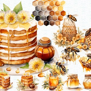 Watercolor Honey Bee Clipart Bundle, PNG Bumble Bee Set of 68, Bee Clip ...