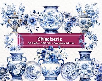 10 Chinoiserie Vase Clipart Watercolor Graphics Digital Download PNG ...