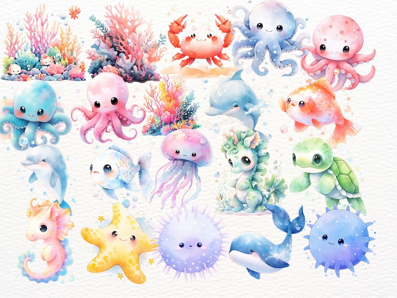 Watercolor Kawaii Ocean Clipart, Set of 38 Pngs, Under the Sea, Coral ...