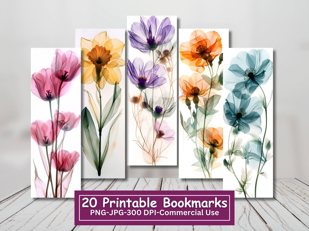 Translucent Watercolor Flowers Printable Bookmarks Bundle, Set of 20 ...
