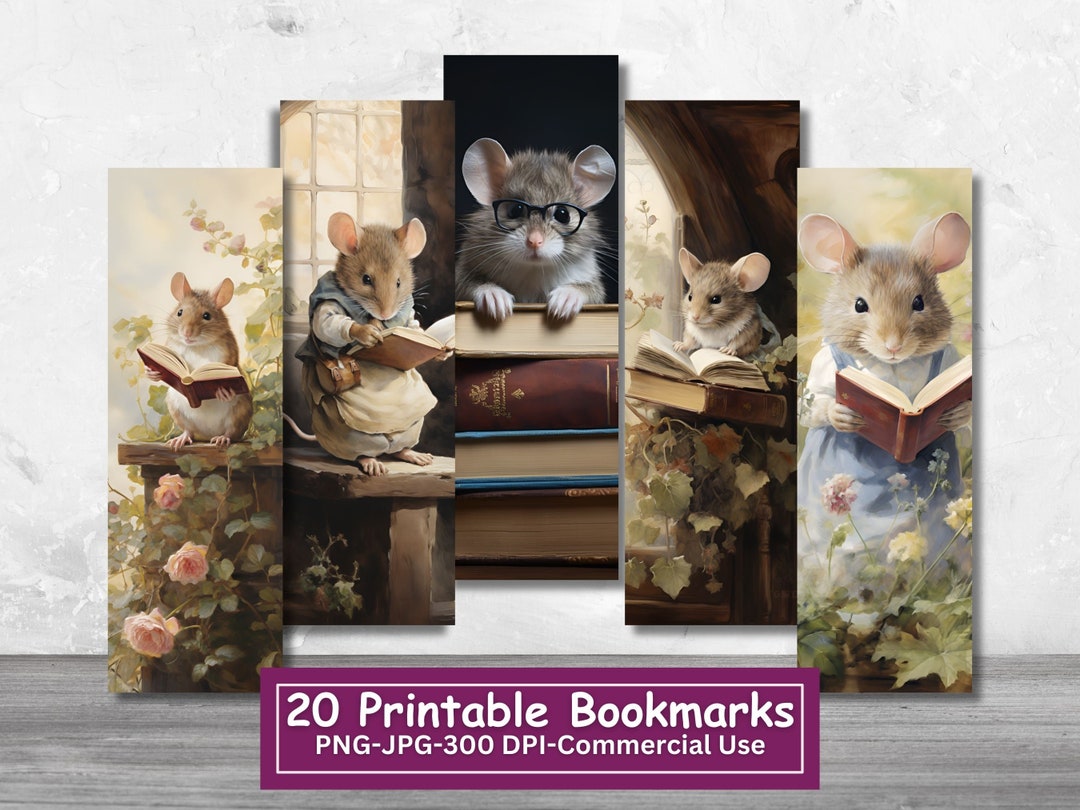 Cute Mouse With Books Printable Bookmark Bundle, JPG Print and Cut ...