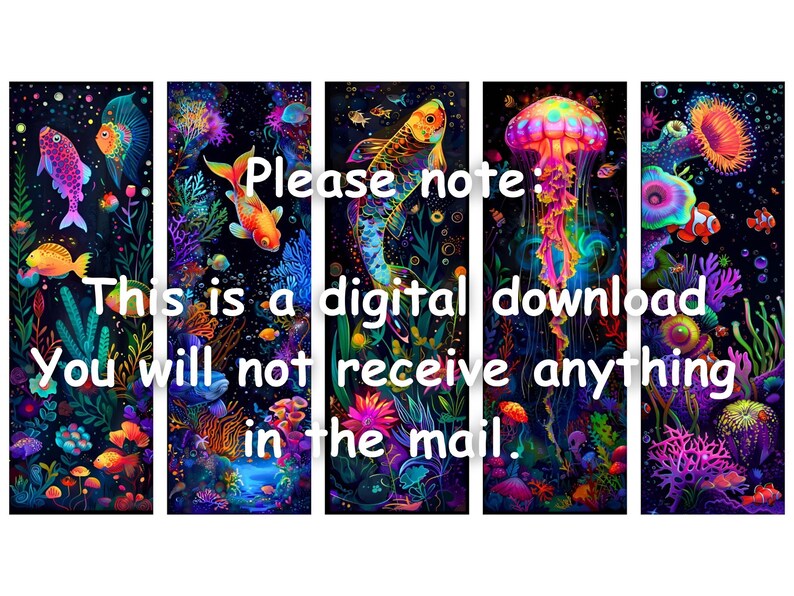 Neon Sea Creatures Bookmark Bundle: Fantasy Art, Glowing Fish (digital ...
