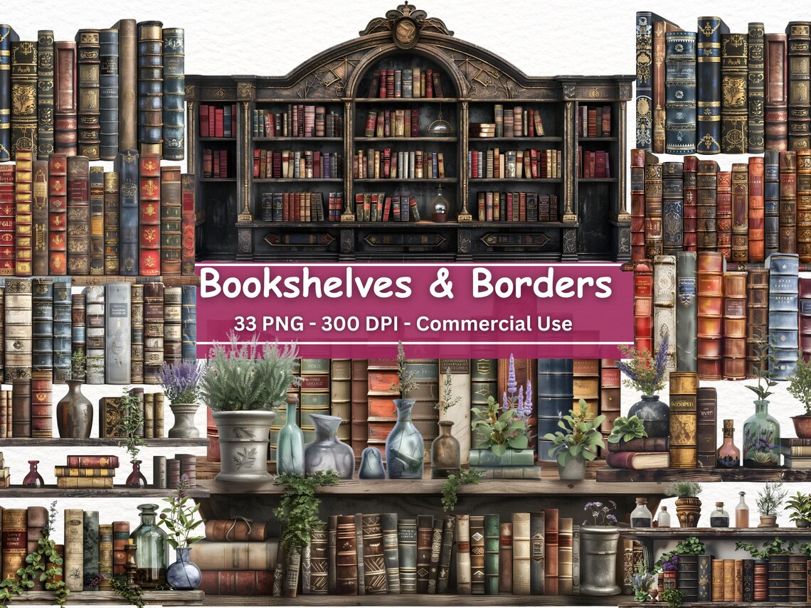 Dark Academia Book Border & Shelves Clipart: 33 PNG Set (digital ...