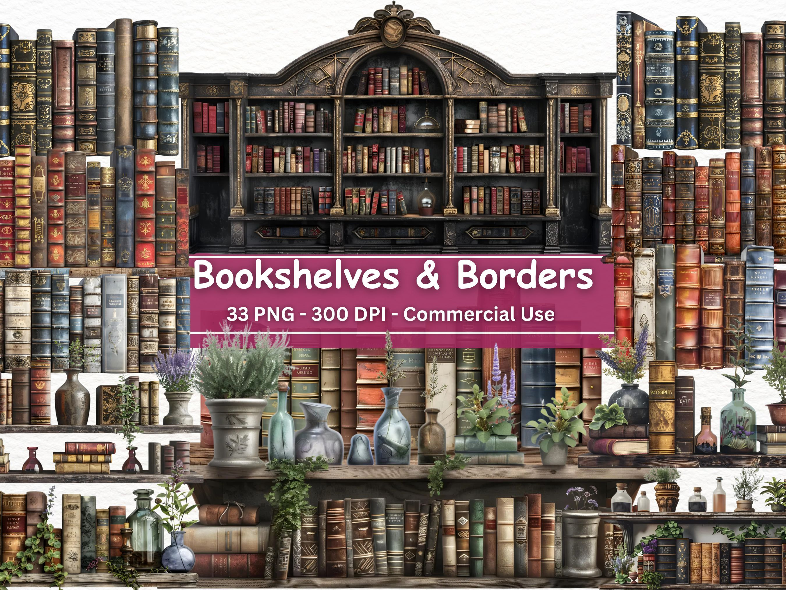 Dark Academia Book Border and Shelves Bundle, 33 PNG Set, Instant ...