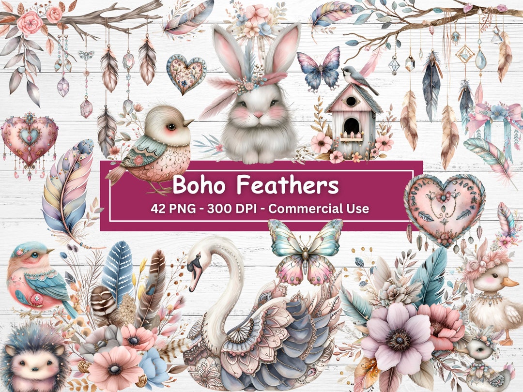 Boho Feathers Clipart Bundle 42 PNG Set, Nursery Art, Digital Download ...