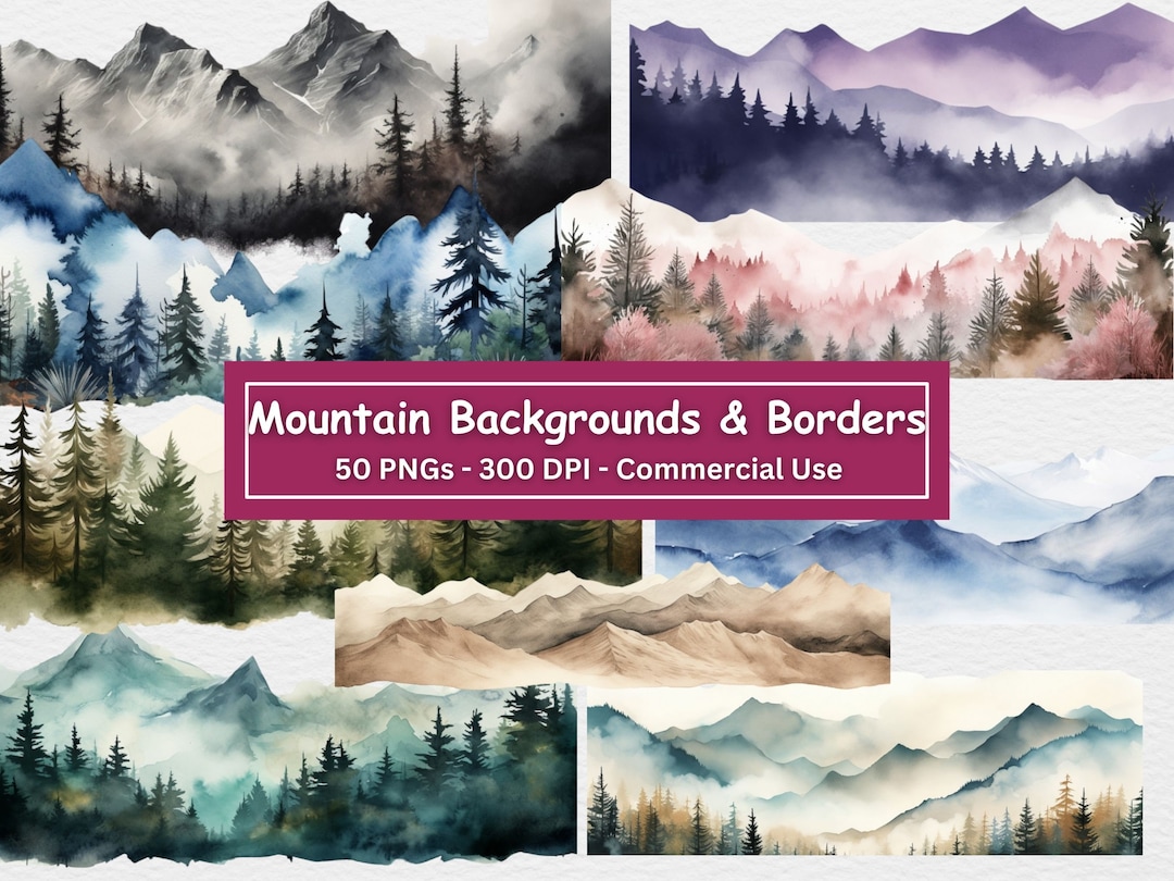 Watercolor Mountain Clipart Borders and Backgrounds Bundle, Set of 50 ...