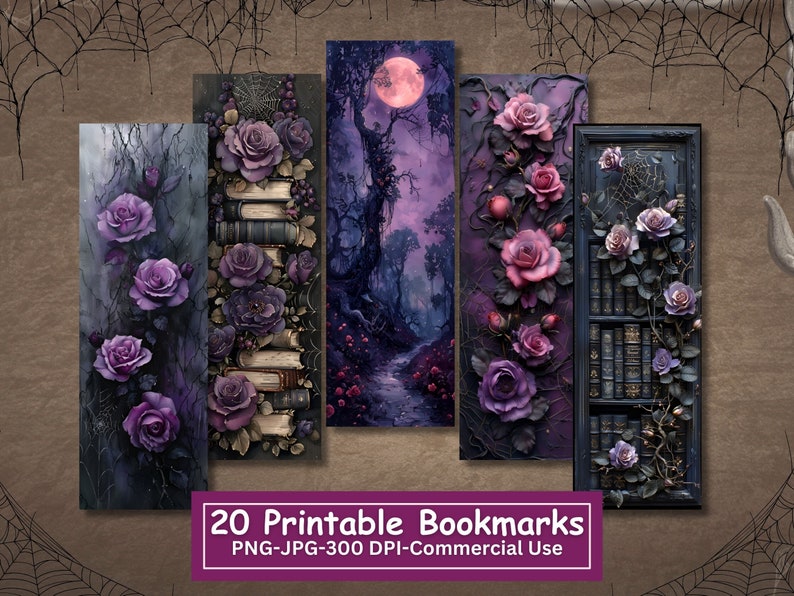 Gothic Purple Roses Bookmarks: Printable Bookmark Set (digital Download ...
