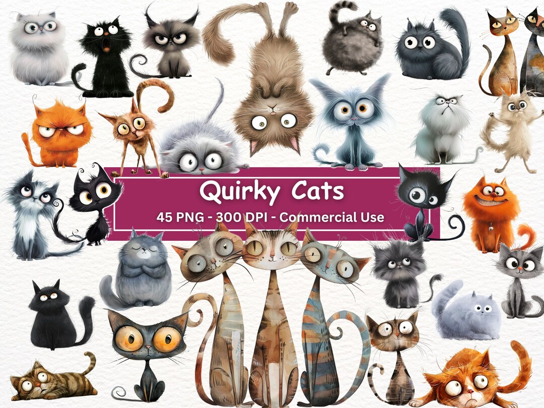 Quirky Cats Clipart Bundle, 45 PNG Set, Transparent Background, Silly ...
