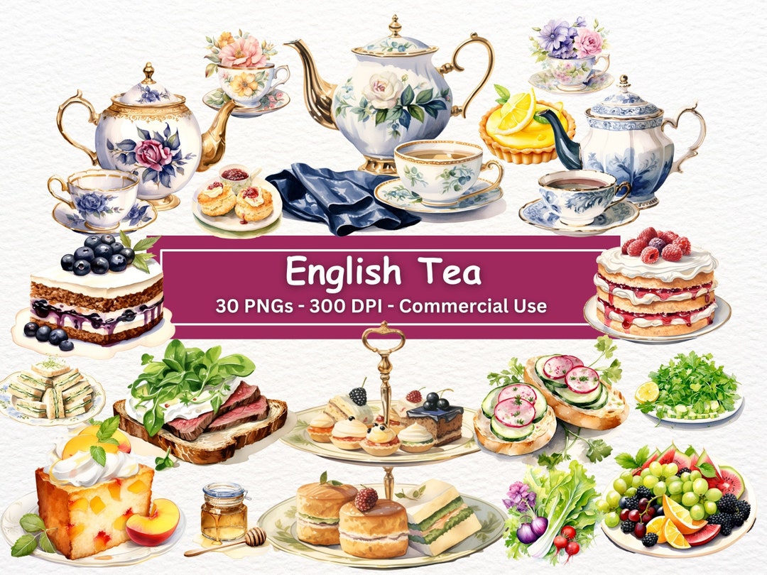 Watercolor English Tea Clipart Bundle: Scones & Desserts (30 PNG ...