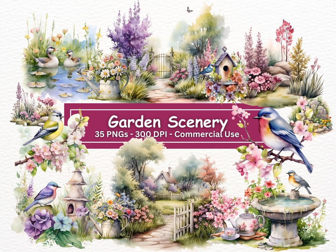 Watercolor Garden Scenery Clipart Bundle, 35 PNG Images, Commercial Use ...