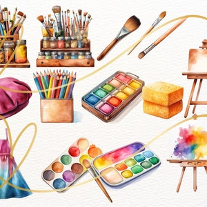 Watercolor Artist Painting Clipart Bundle, Set of 25 Pngs, Aquarelle ...