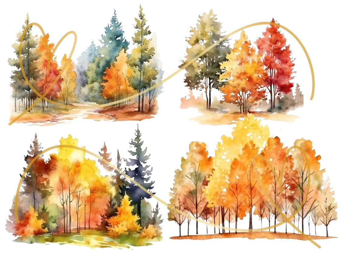 Autumn Forest Watercolor Clipart: PNG Set + Digital Paper (digital ...