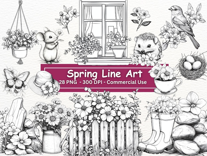 Spring Garden Line Art: Bird, Mouse, Flowers PNG Set (digital Download ...