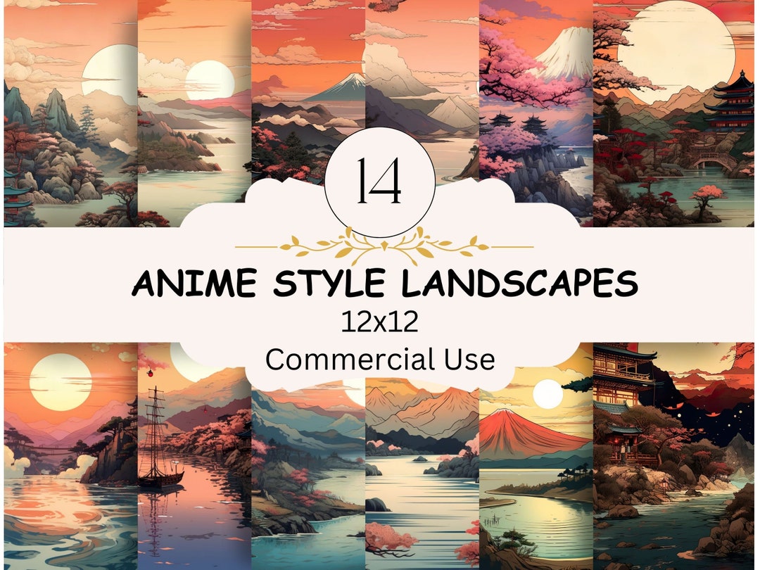 Anime Style Landscapes, Japanese Art, Digital Paper, Instant Digital ...