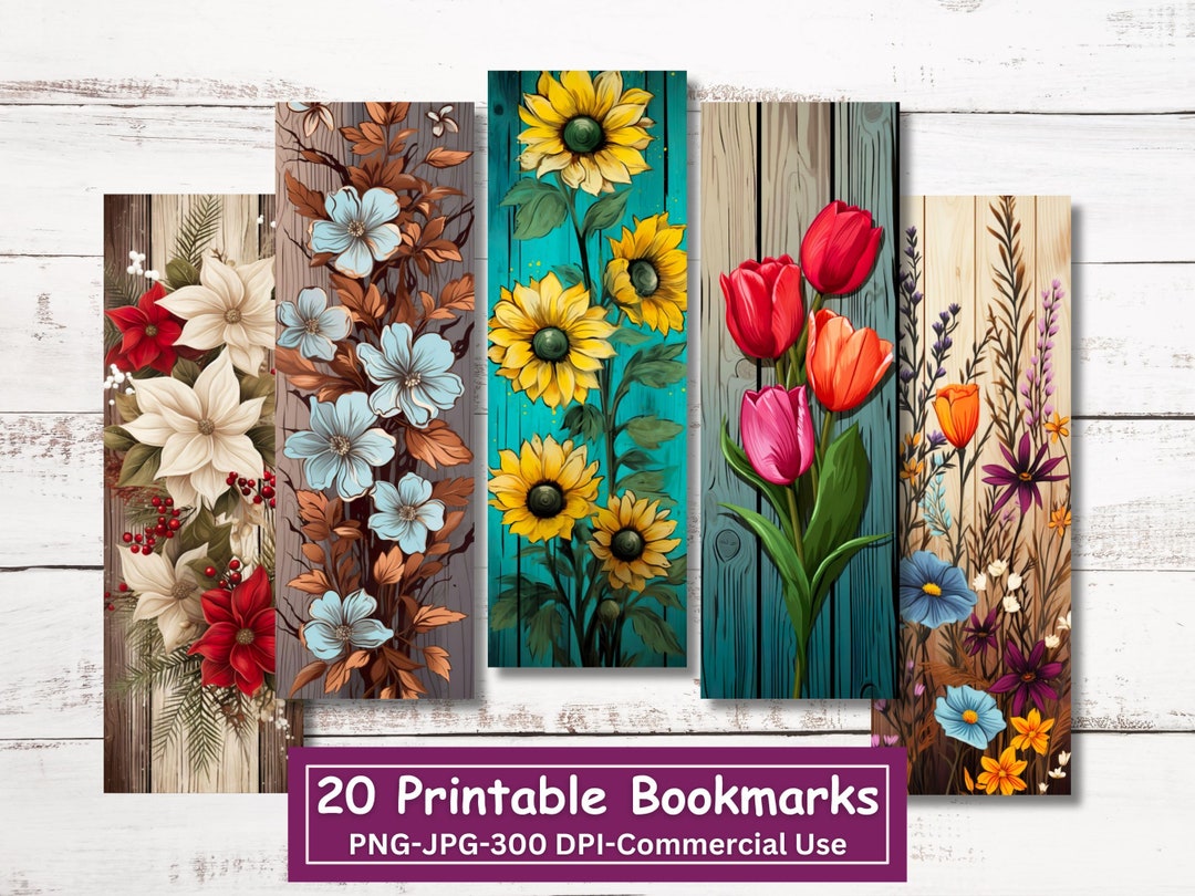 Rustic Floral Bookmarks: Wood Flower Designs, Set of 20 (PNG/JPG ...