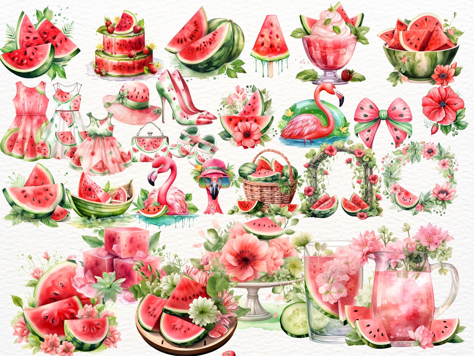 Watercolor Watermelon Clipart: Summer Fruit PNG Bundle (digital ...