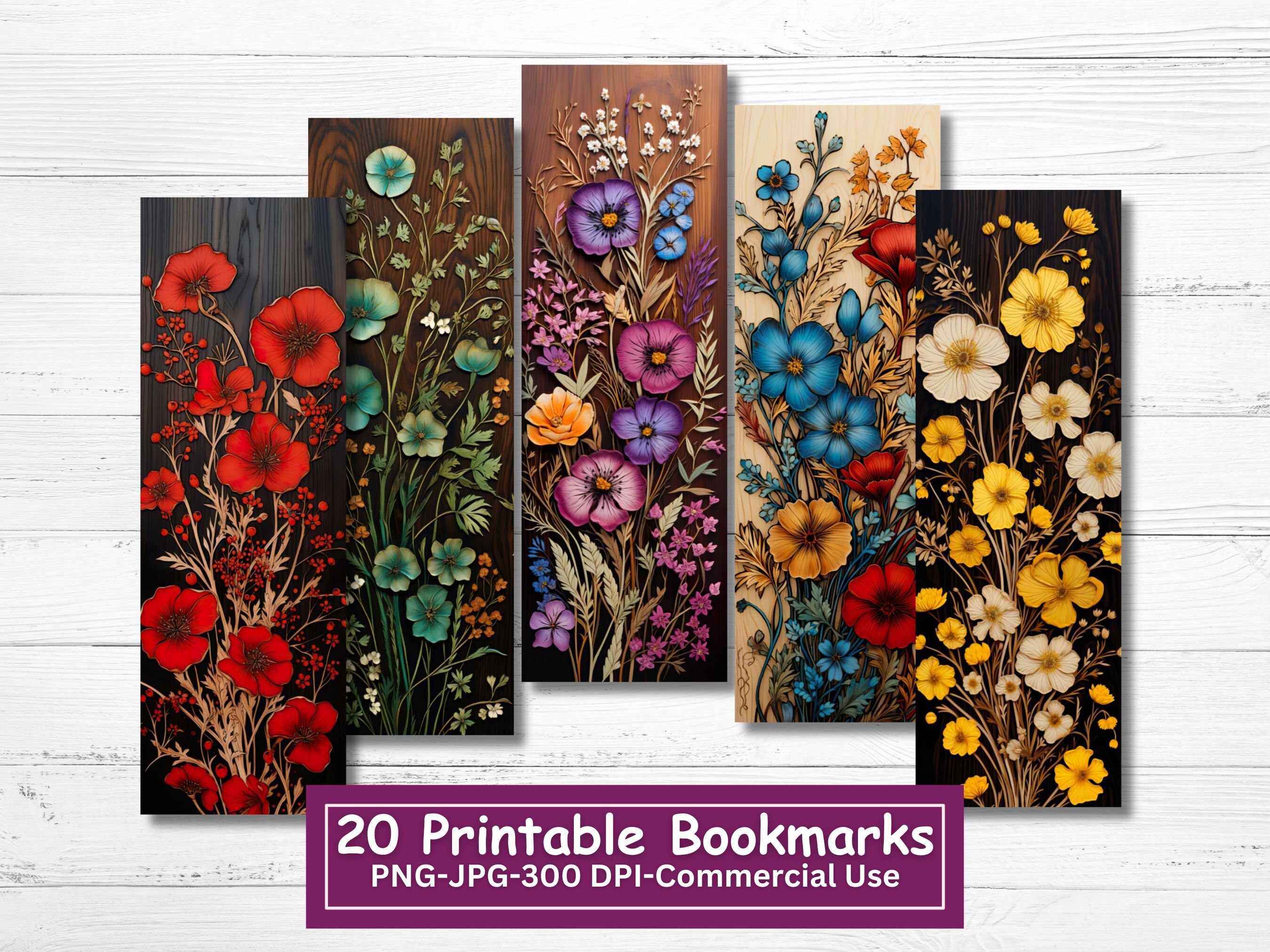 Wildflowers on Wood Printable Bookmarks Bundle, Set of 20 PNG/JPG ...