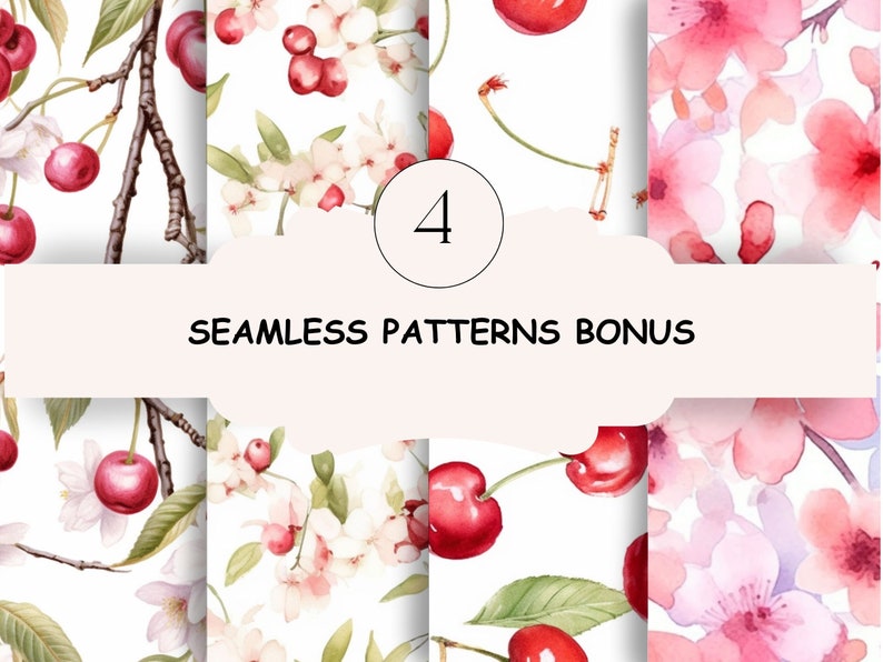 Watercolor Cherries PNG Clipart Bundle, Set of 26 Plus Bonus Seamless Pattern Papers, Rustic ...