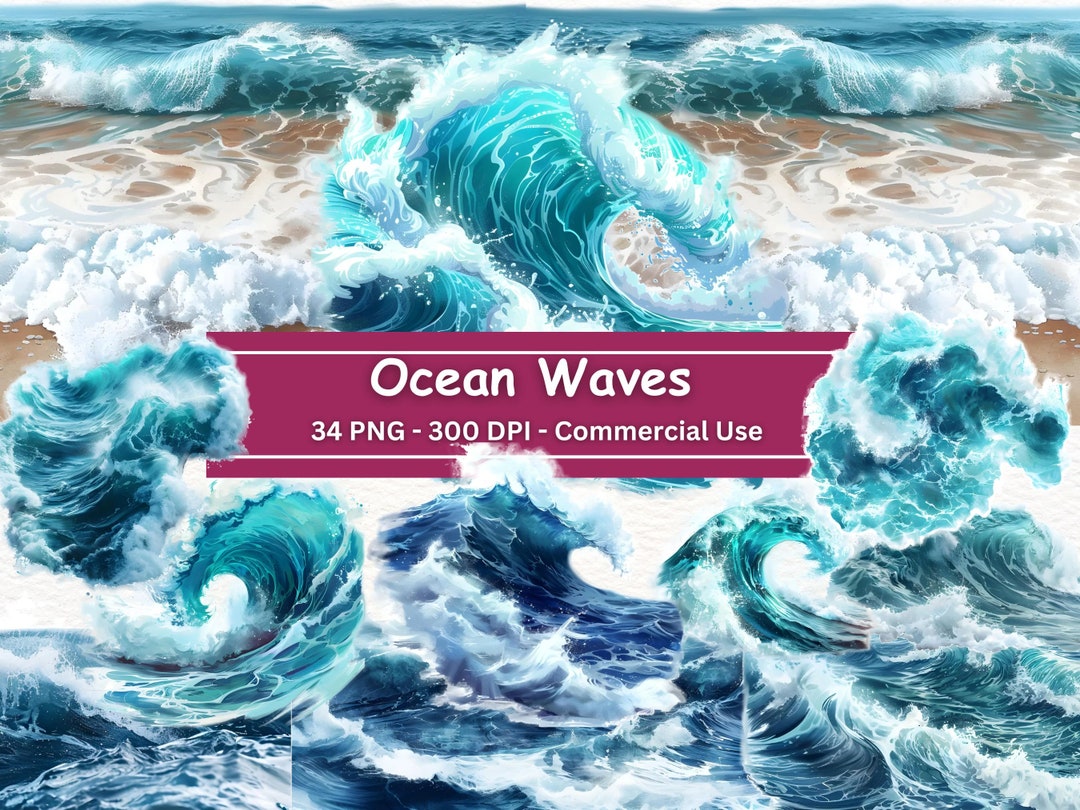 Watercolor Ocean Waves Clipart: Beach Nautical PNG Set (digital ...