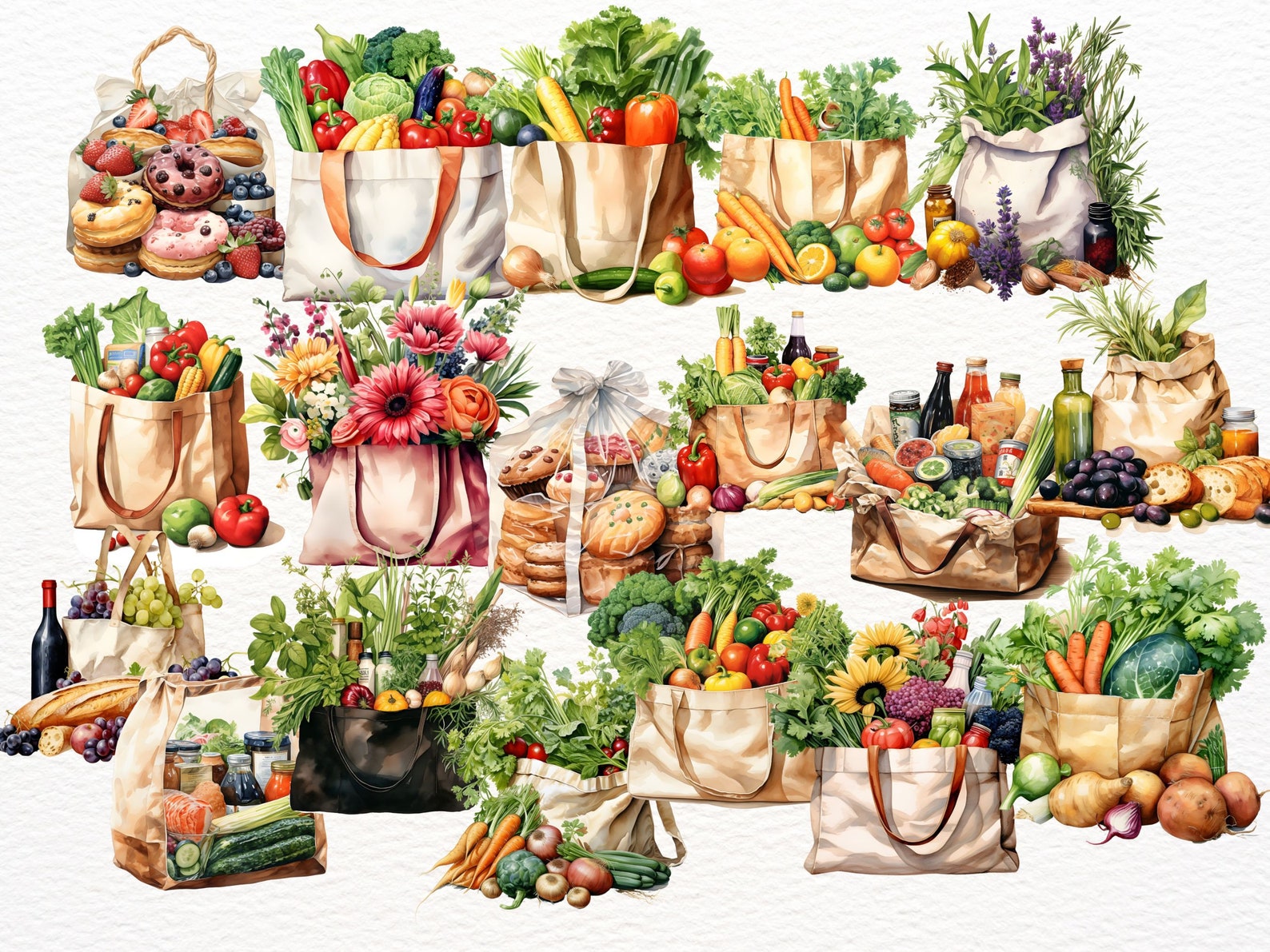 Watercolor Groceries Clipart Bundle: 33 PNG Food Illustrations (digital ...