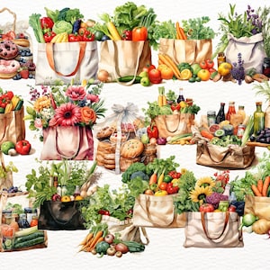 Groceries Watercolor Clipart Bundle, 33 PNG Set, Food Clipart, Grocery ...