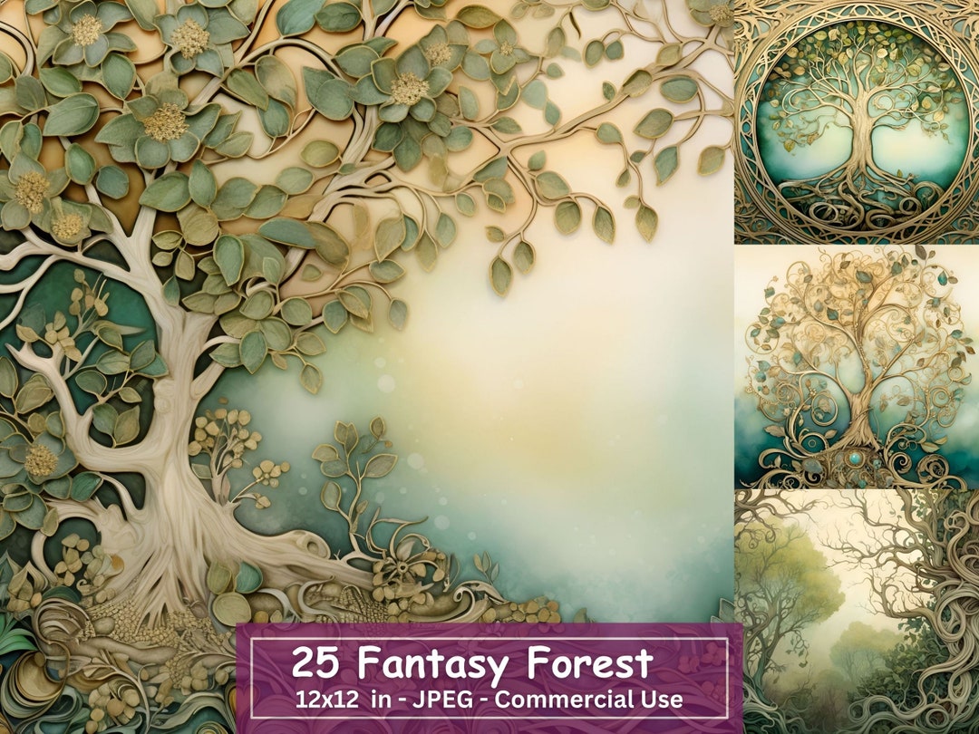 Printable Fantasy Forest Bundle, Enchanted Forest Trees Paper Set of 25 ...