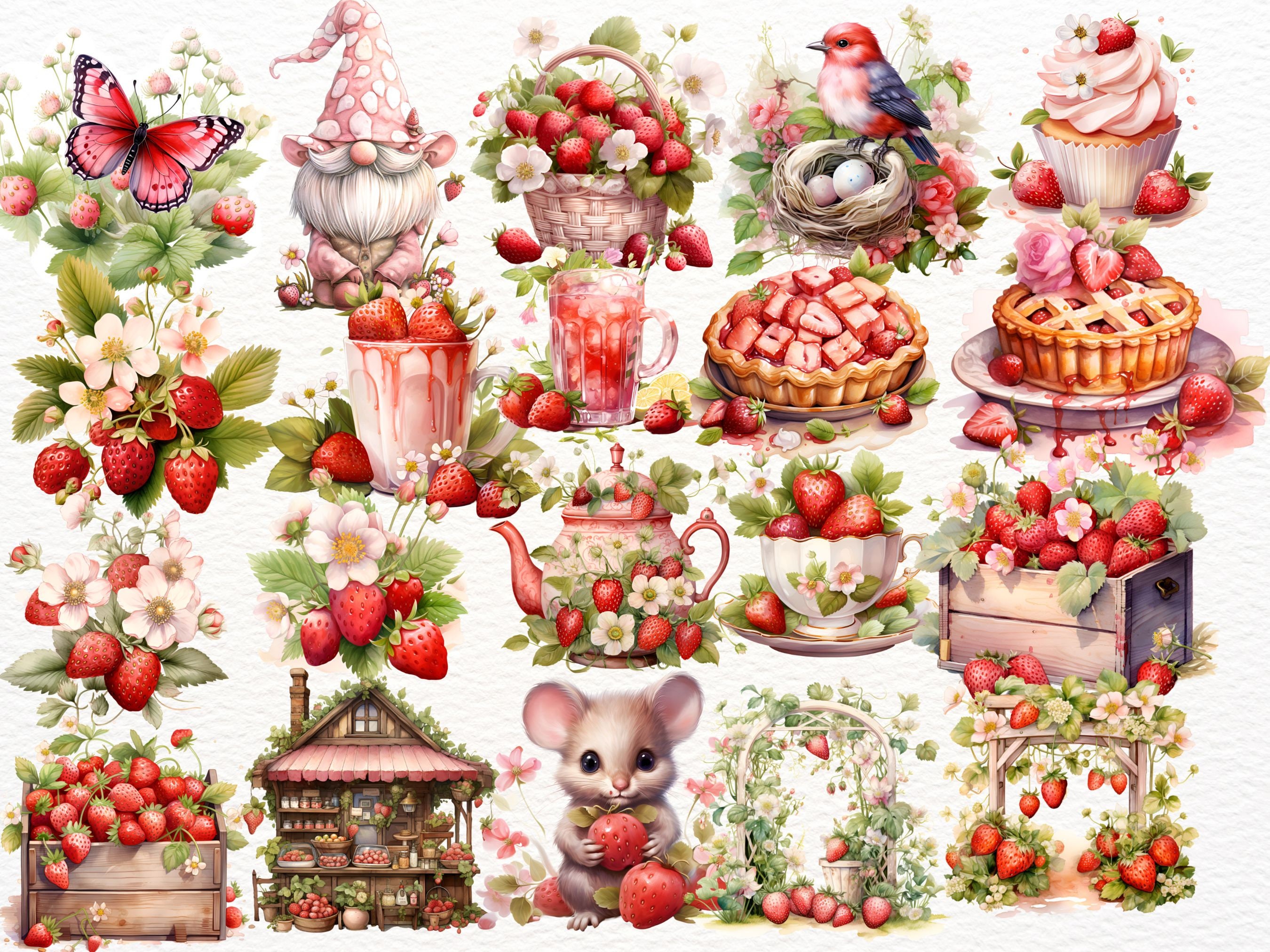 Watercolor Strawberry Clipart Bundle: Rustic Fruit Designs (PNG Set of ...