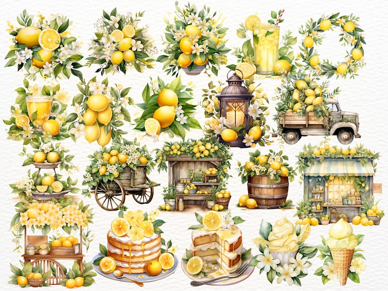 Watercolor Lemons Clipart Bundle, PNG Set of 53, Lemon Clip Art, Rustic ...