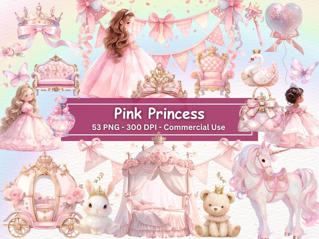 Pink Princess Watercolor Clipart: Fairytale Castle, Unicorn, Carriage ...