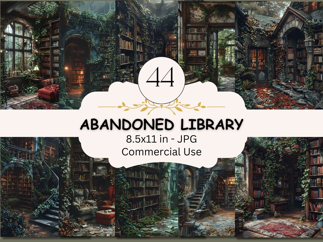 Abandoned Library Digital Paper, 44 JPG Set, Distressed Books, Study ...