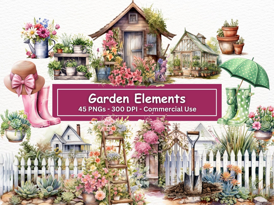 Watercolor Garden Elements Clipart Bundle, 45 PNG Set, Commercial Use ...
