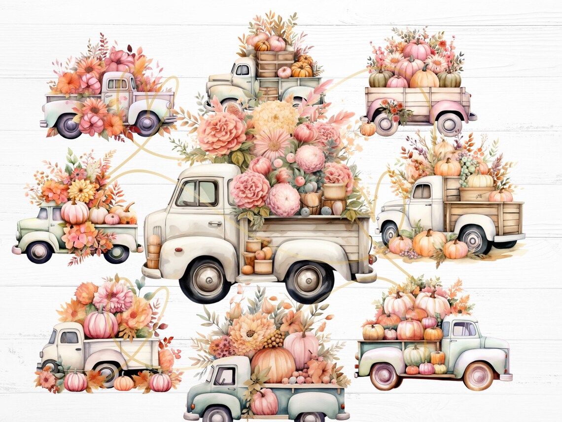 Pastel Pink Pumpkin Truck Clipart: Watercolor Autumn PNG Set (digital ...