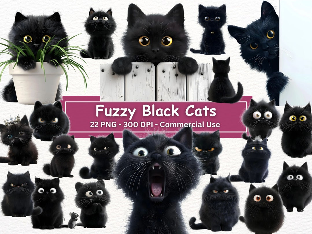 Funny Black Cats Clipart Bundle, PNG Set of 22, Humorous Cartoon ...