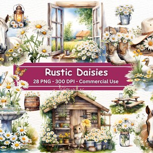 Rustic Daisies Clipart Bundle, 28 PNG Set, Daisy Flower Clip Art, Card ...