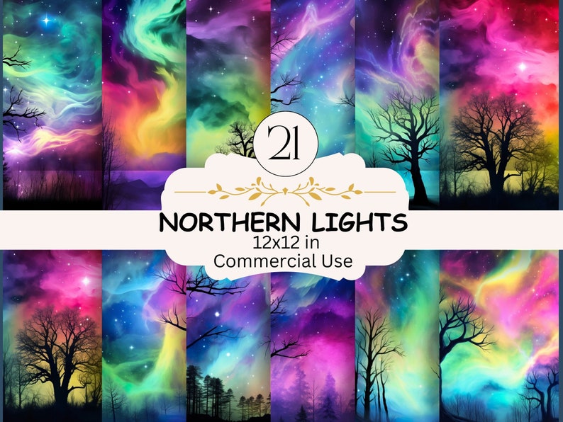 Printable Enchanted Aurora Borealis Digital Paper Bundle, Northern ...