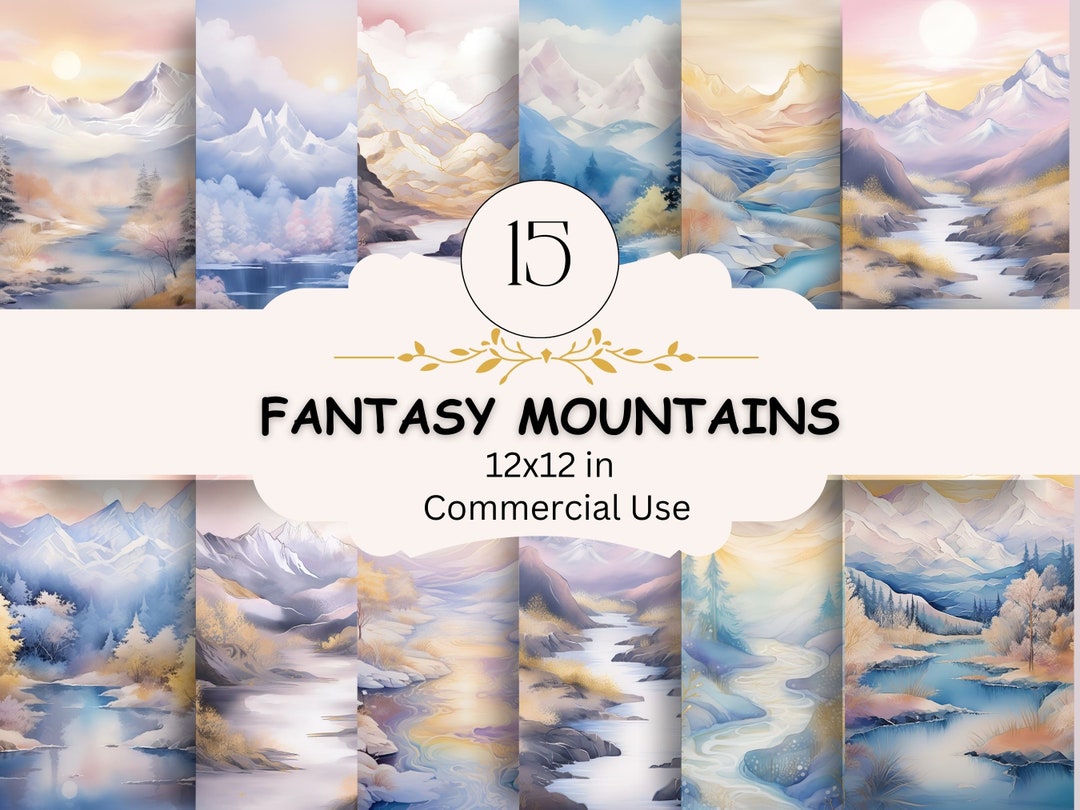 Fantasy Mountain Lake Watercolor Digital Paper Bundle, 15 High Quality ...