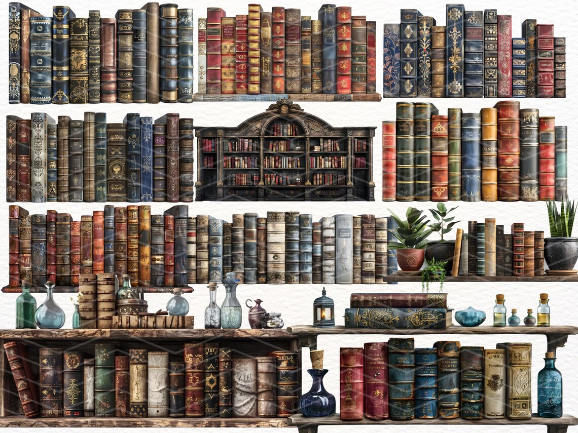 Dark Academia Book Border & Shelves Clipart: 33 PNG Set (digital ...