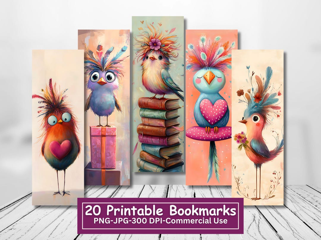 Whimsical Birds Printable Bookmarks: Funny PNG/JPG Designs (commercial ...
