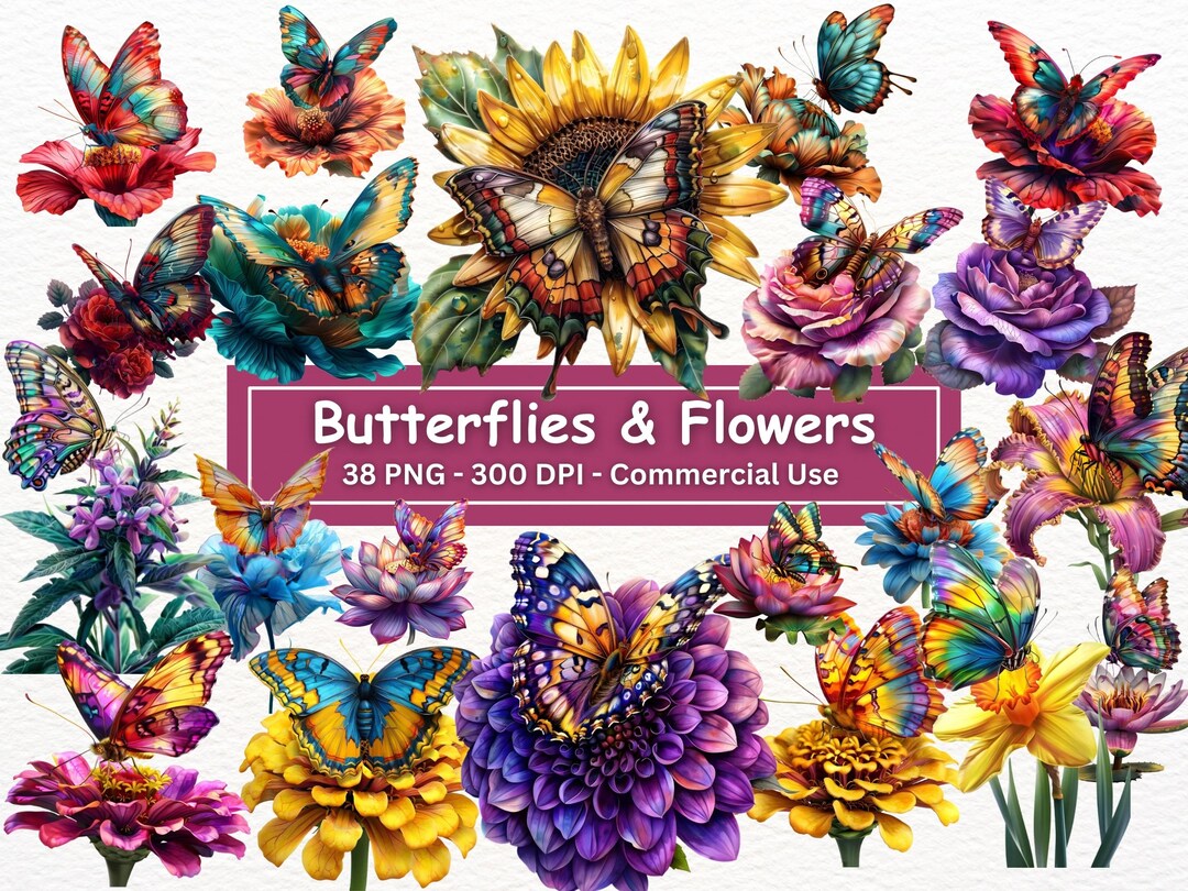 Butterfly Flower Clipart: Vibrant PNG Set (digital Download) - Etsy