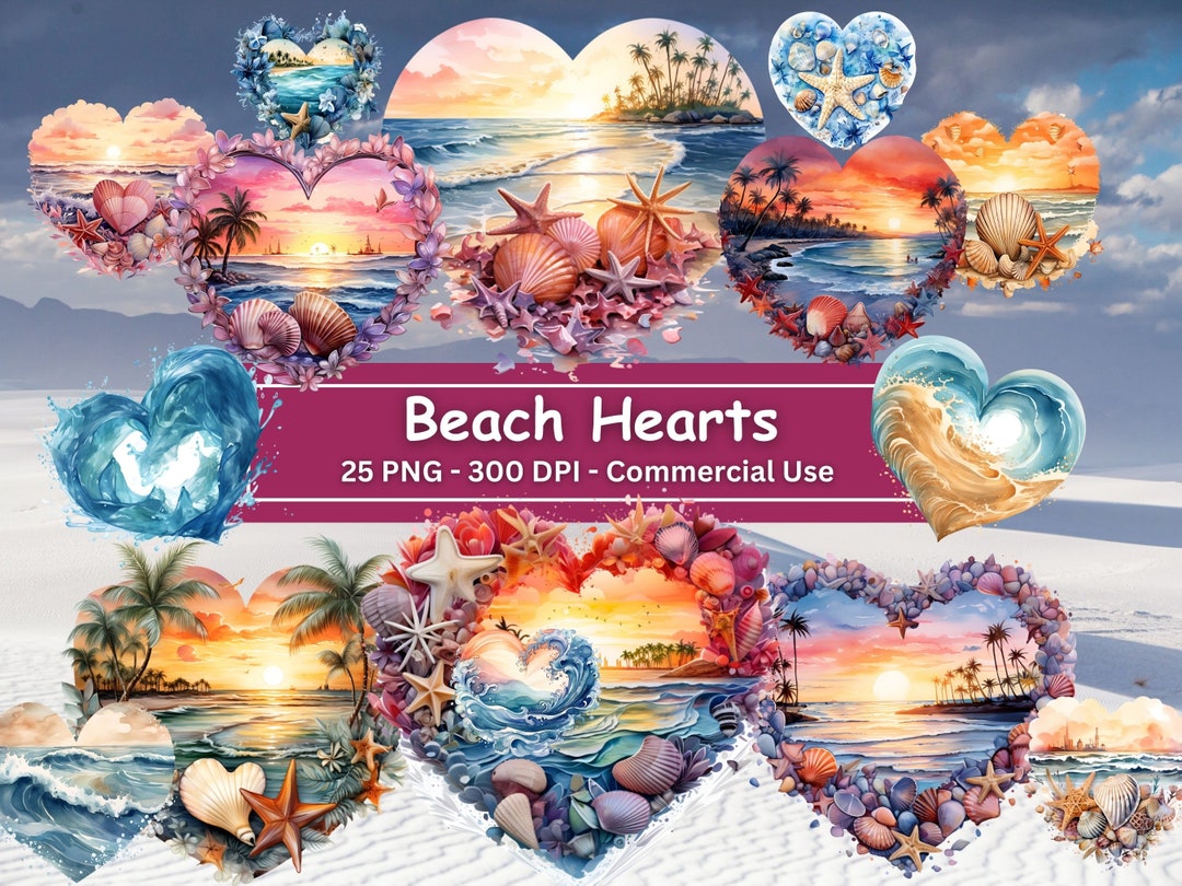Beach Seaside Hearts Clipart Bundle, Set of 25 Pngs, Watercolor Sea ...